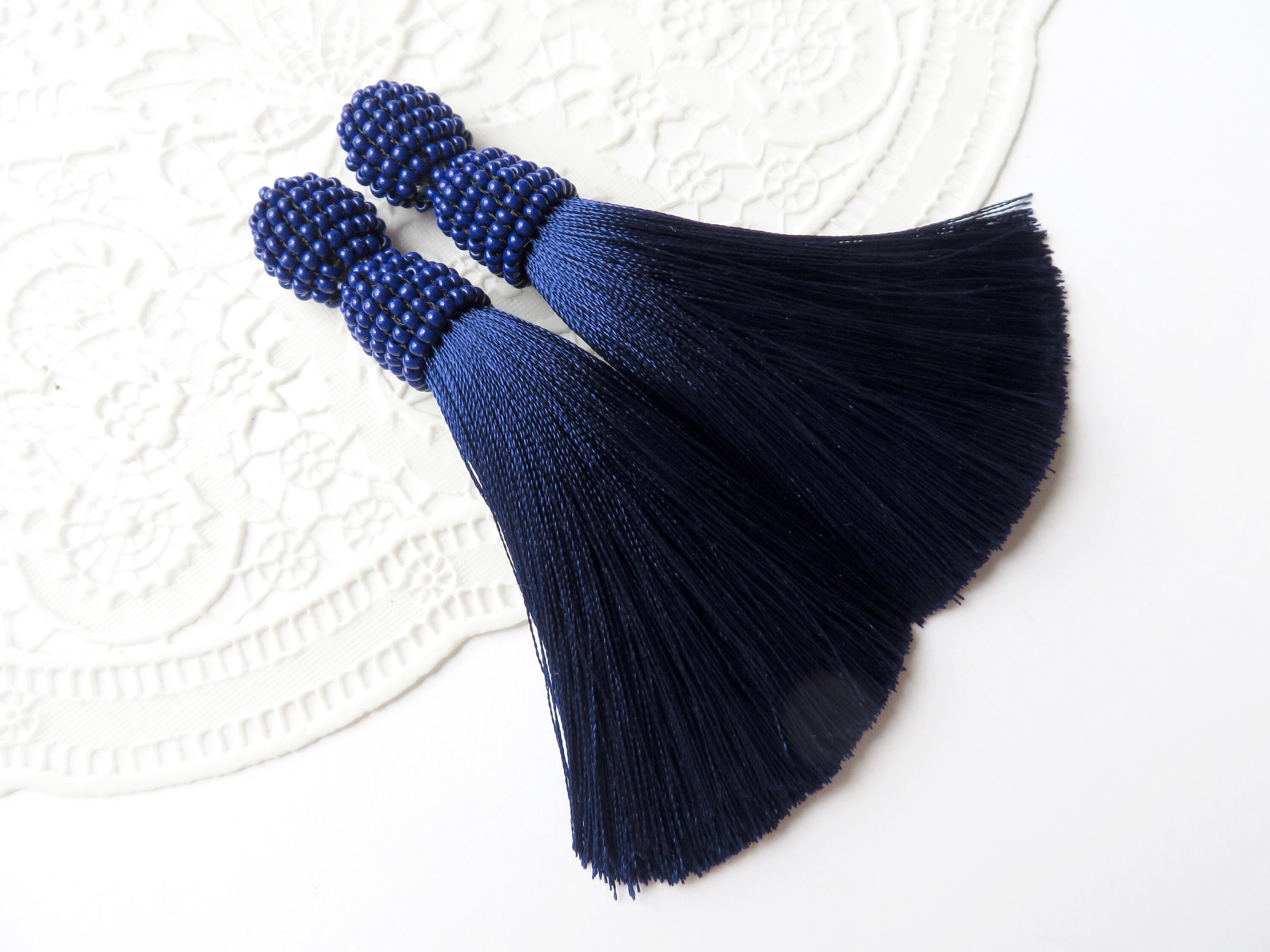 Navy Blue earrings Long silk earrings Silk Beaded Tassels | Etsy