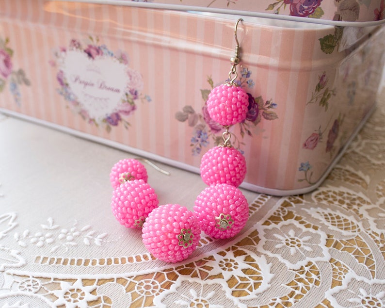 Hot Pink Bon Bon Earrings Pom Pom Earrings Ball Drop Earrings Long Seed ...