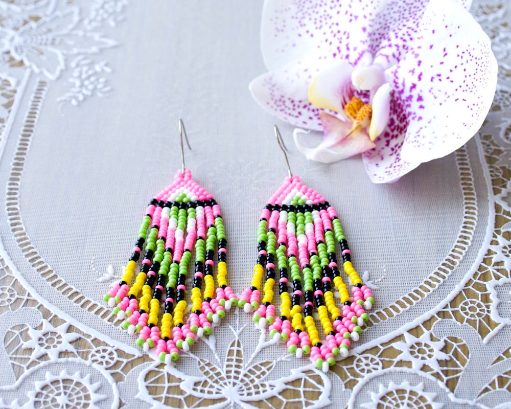Long Colorful Beaded Earrings Bright Earrings Multicolored Fringe ...