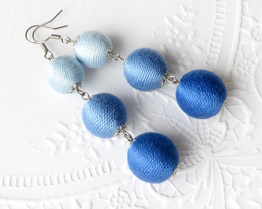 Blue Bon Bon Earrings Ball Drop Pom Pom Earrings Long Ombre Earrings ...