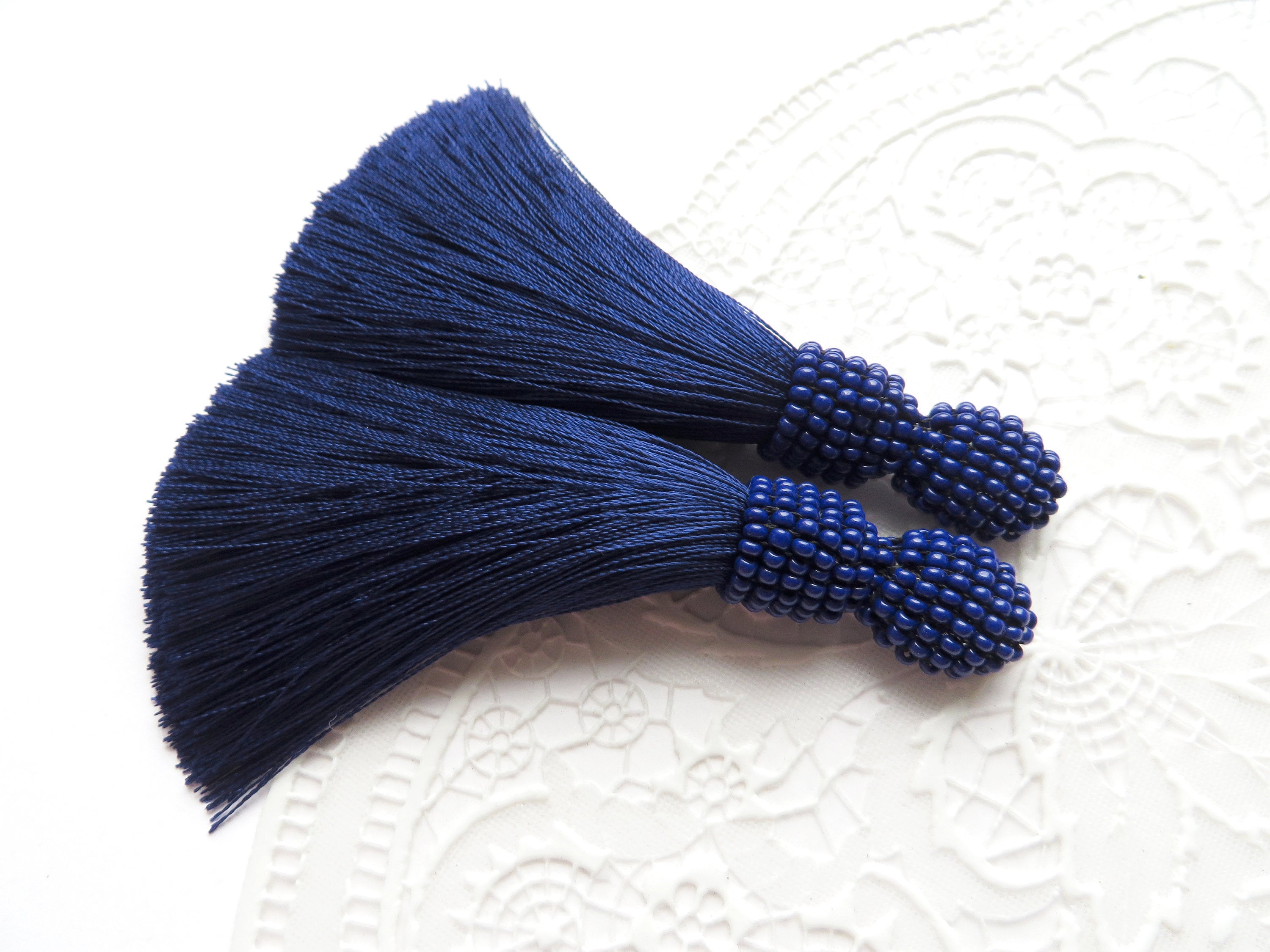 Navy Blue earrings Long silk earrings Silk Beaded Tassels | Etsy