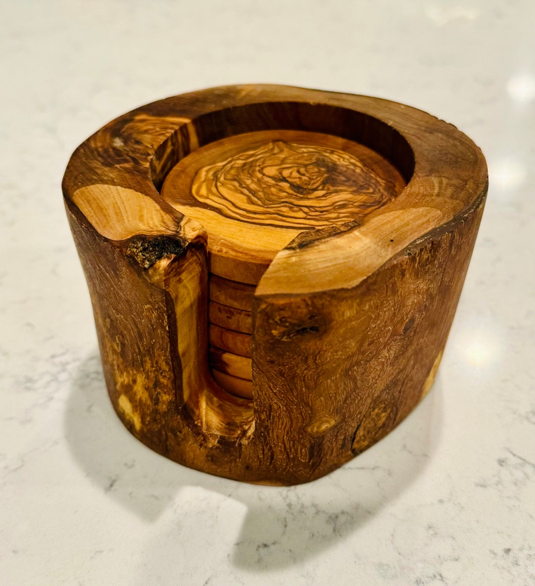 Set of 6 Rustic Olive Wood Coasters With Holder| Unique Gifts ...