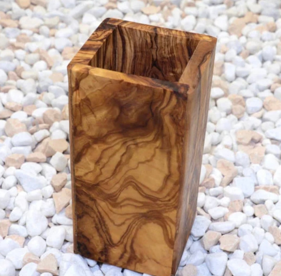 Olive Wood Square Utensil Holder| Universal Storage for Spoons ...