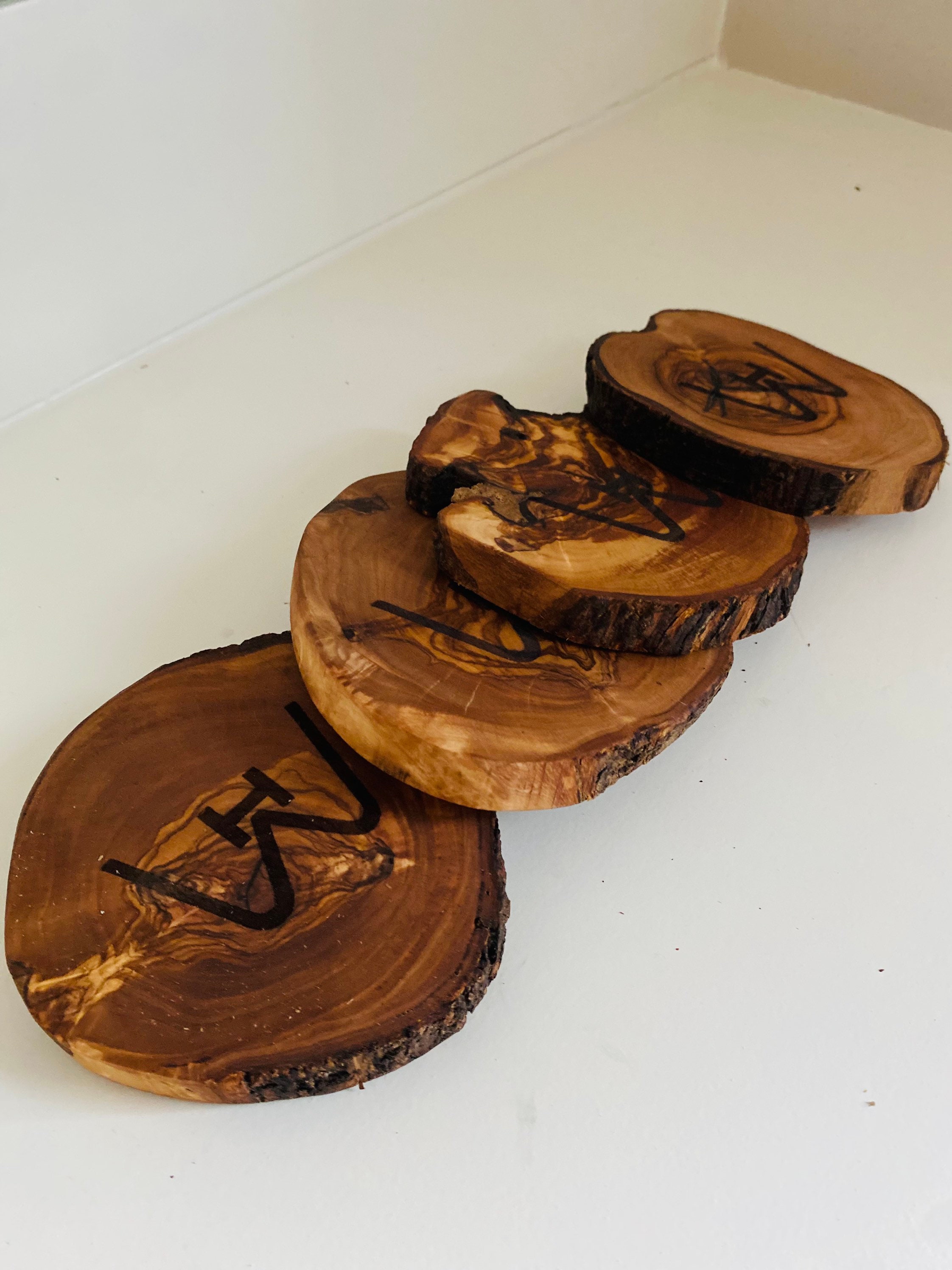 Olive Wood Coasters Set, Rustic Tree Slice Live Edge Drink Holders - Etsy
