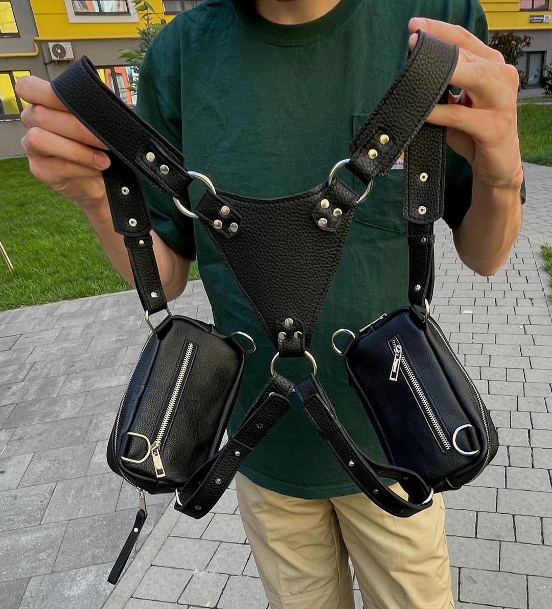 Rave Outfit Set, Leather Shoulder Vest With Double Pouch, Harness Bag ...