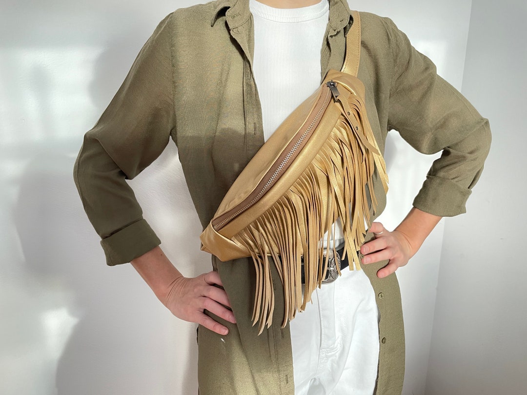 Gold Leather Sling Bag Small Metallic Gold Purse Fringe Fanny Pack ...