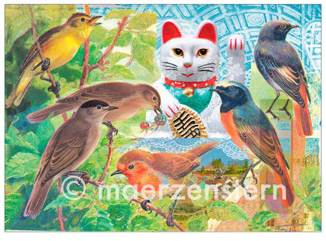 Greeting Card With Lucky Cat and Birds luck is Knocking 18, Card for ...