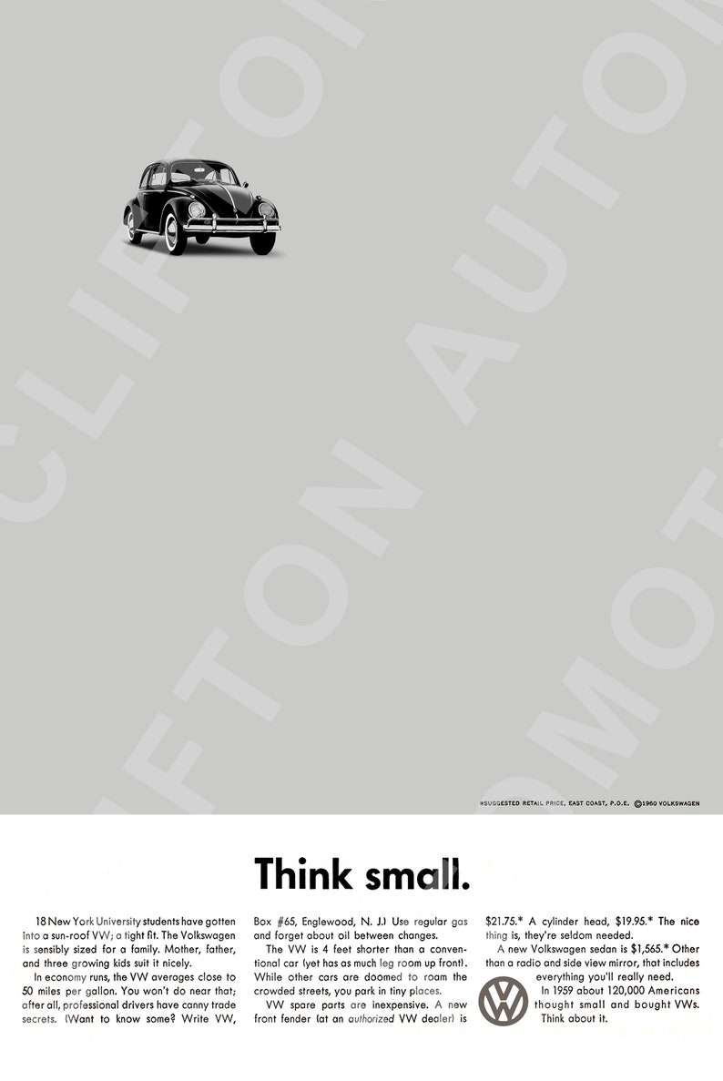 VW Think Small Advertisement - Restored and Remastered - Etsy