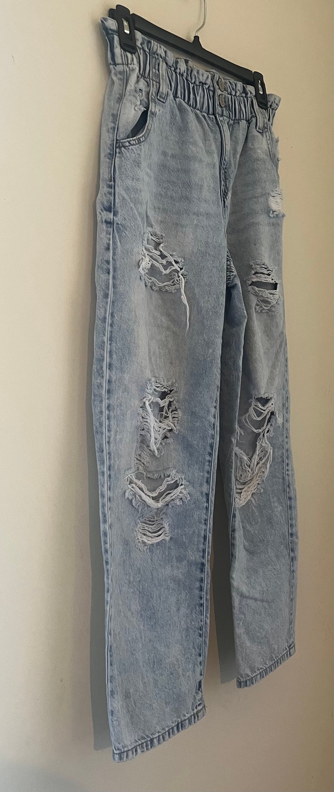 Vintage Style Ripped Light Denim Color Pants High Rise Scrunch Waisted ...