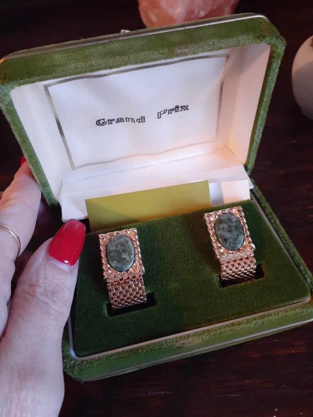 Vintage Swank Gold and Jade Grand Prix Cufflinks in Box Sqaure Round ...