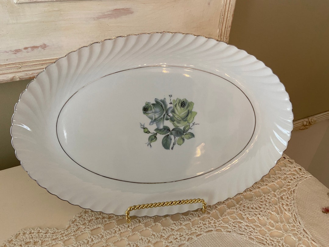 Rare Vintage Royal Tattau Platter, Blue Green Roses, Swirl Edging With ...