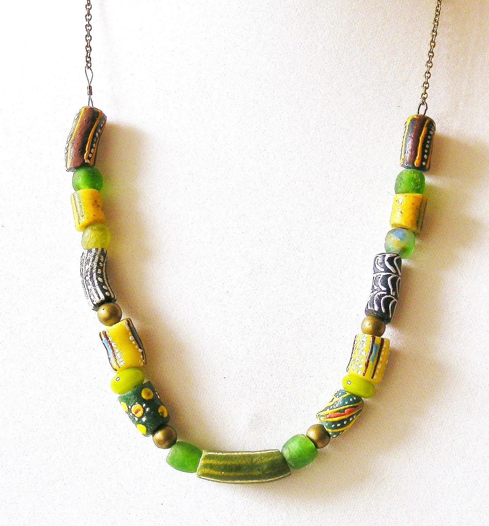 African Krobo Bead Necklace, Colorful, Ethnic, Brass, Ghana, Handmade ...