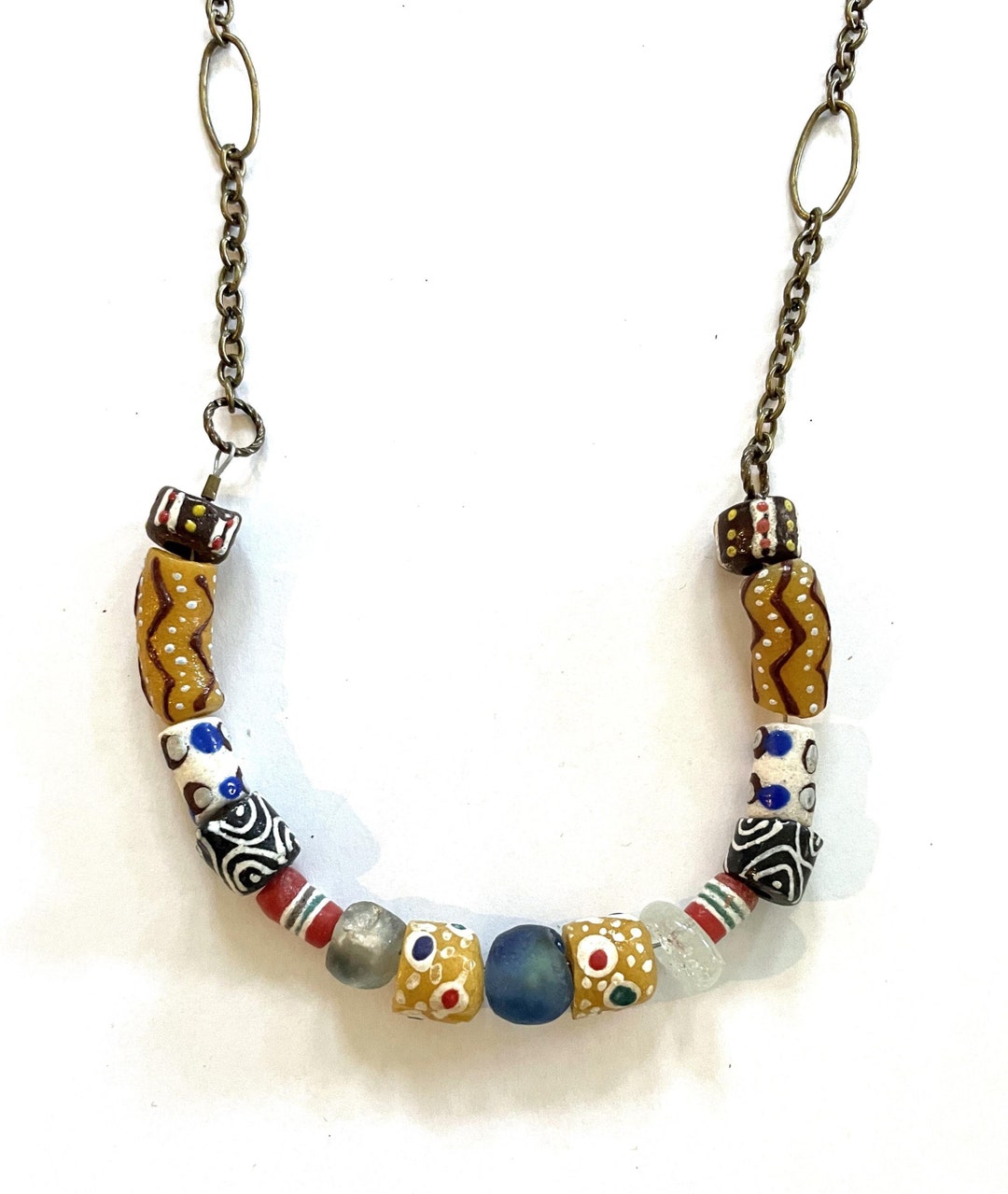 African Krobo Bead Necklace, Colorful, Ethnic, Brass, Ghana, Handmade ...