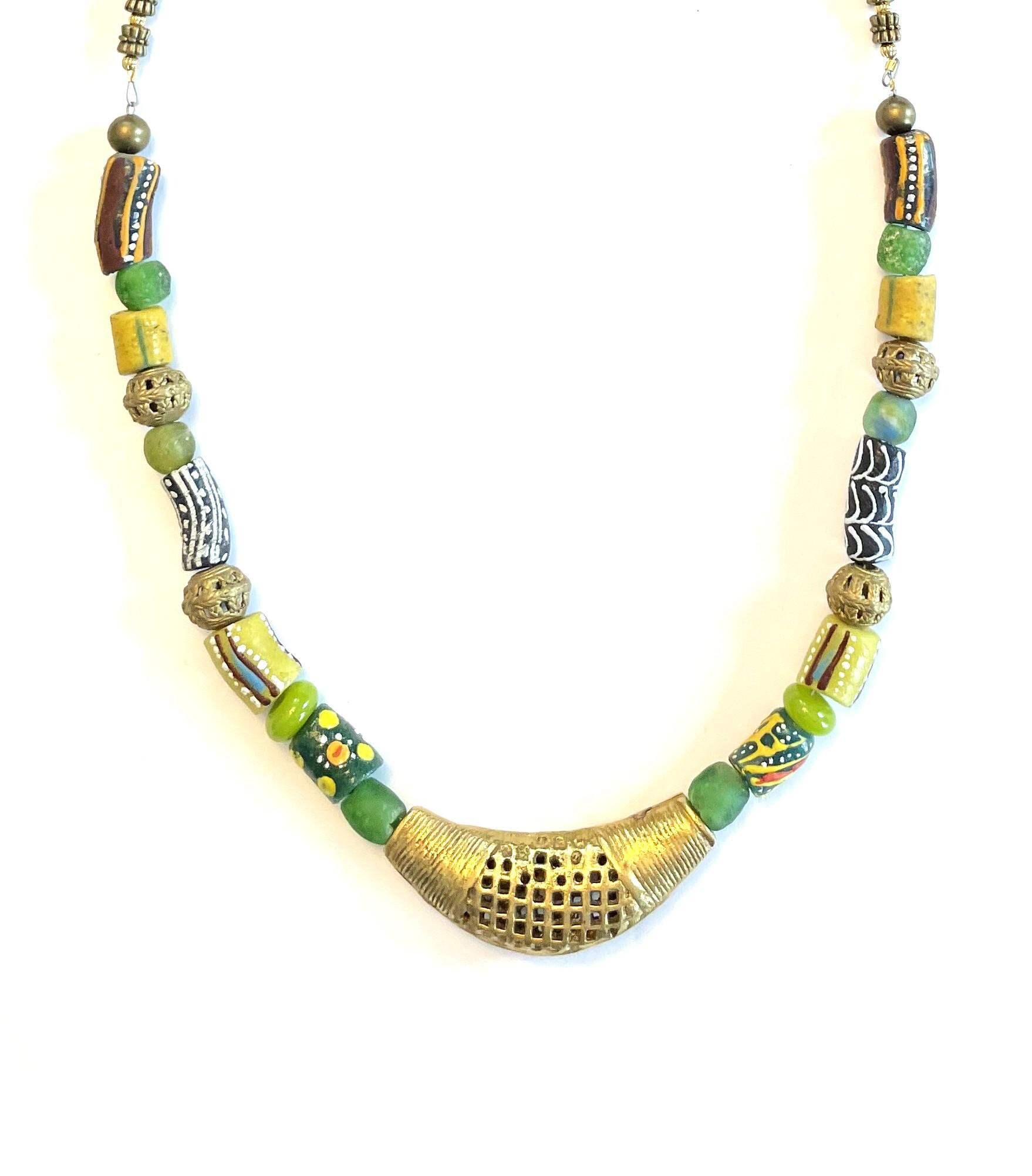 African Krobo Bead Necklace, Colorful, Ethnic, Brass, Ghana, Handmade ...
