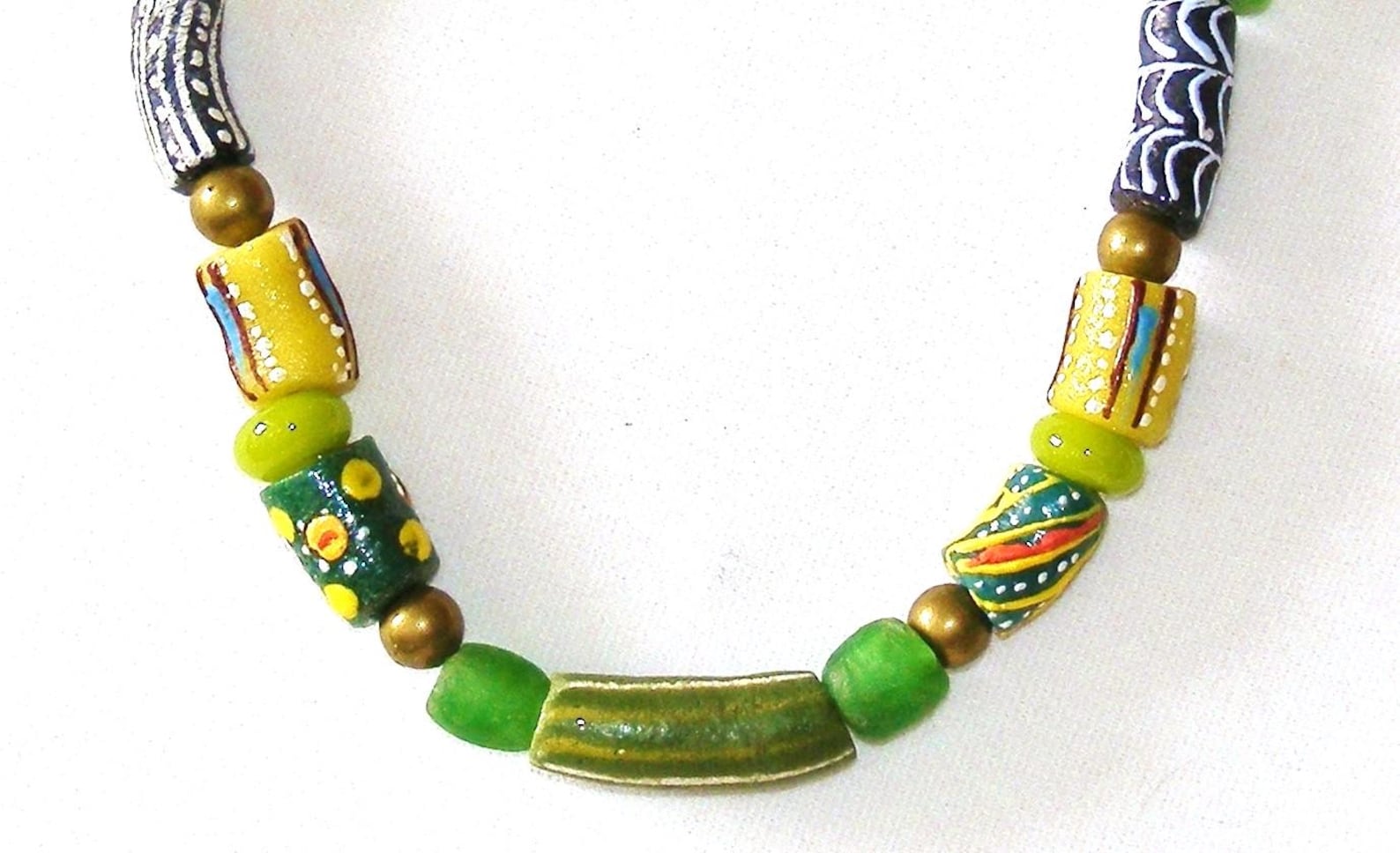 African Krobo Bead Necklace, Colorful, Ethnic, Brass, Ghana, Handmade ...