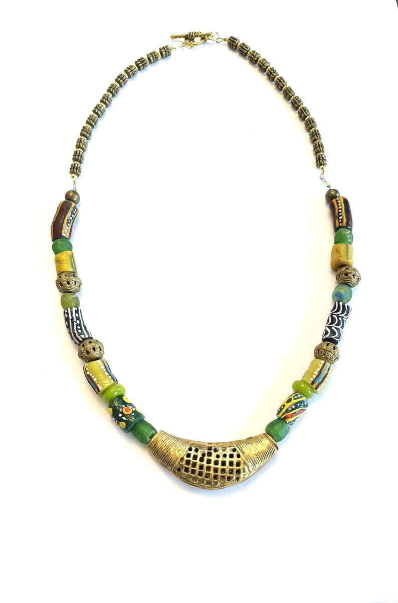 African Krobo Bead Necklace, Colorful, Ethnic, Brass, Ghana, Handmade ...
