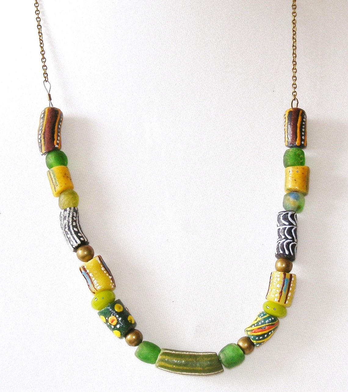 African Krobo Bead Necklace, Colorful, Ethnic, Brass, Ghana, Handmade ...