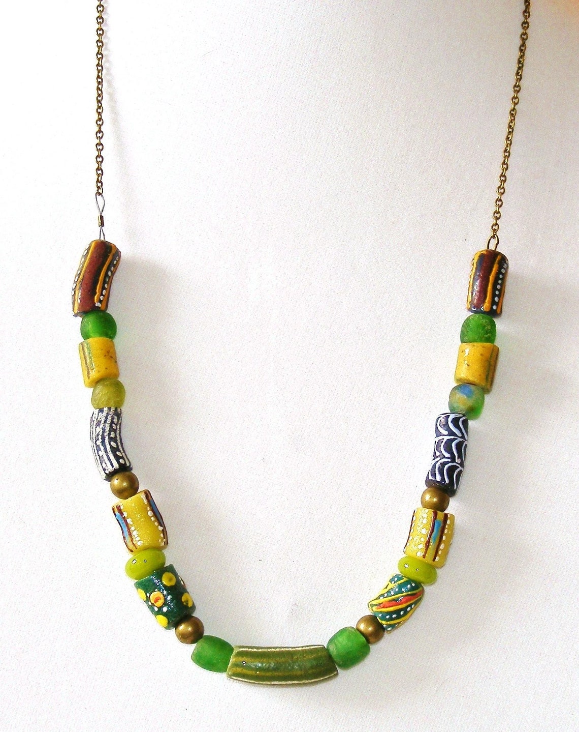 African Krobo Bead Necklace, Colorful, Ethnic, Brass, Ghana, Handmade ...