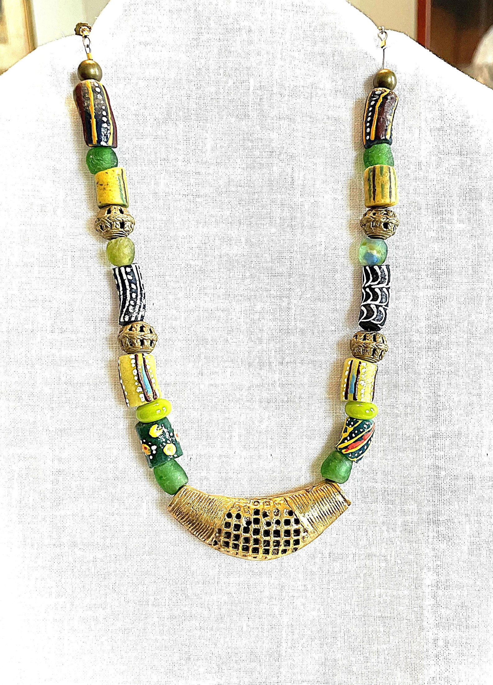 African Krobo Bead Necklace, Colorful, Ethnic, Brass, Ghana, Handmade ...