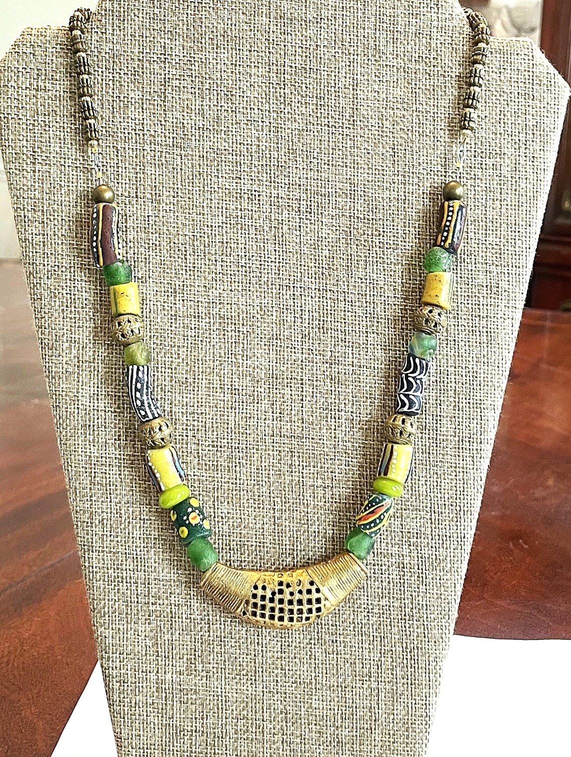 African Krobo Bead Necklace, Colorful, Ethnic, Brass, Ghana, Handmade ...