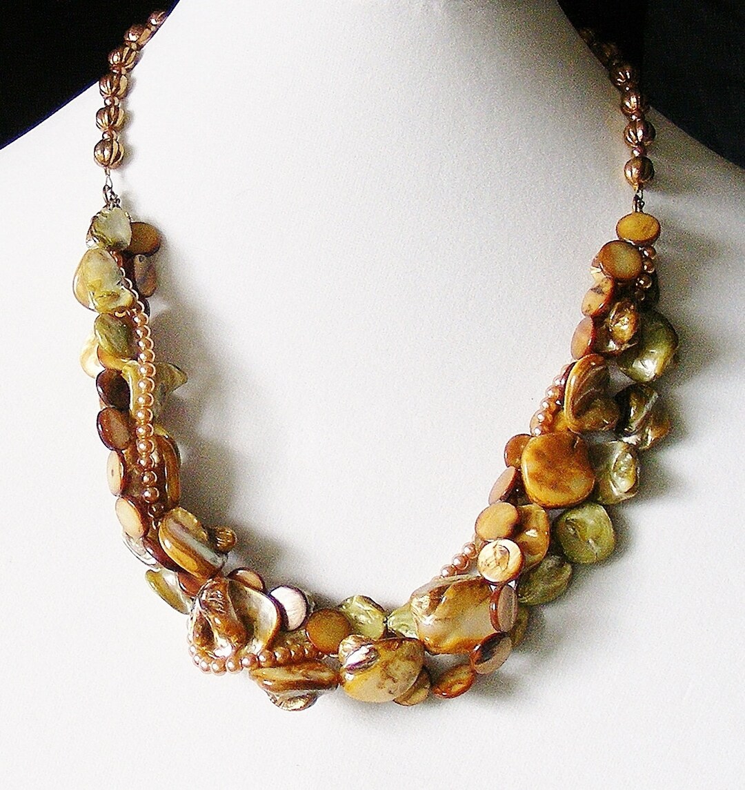 Green and Chestnut Shell Necklace, Shells. Chestnut, Green, Gold ...