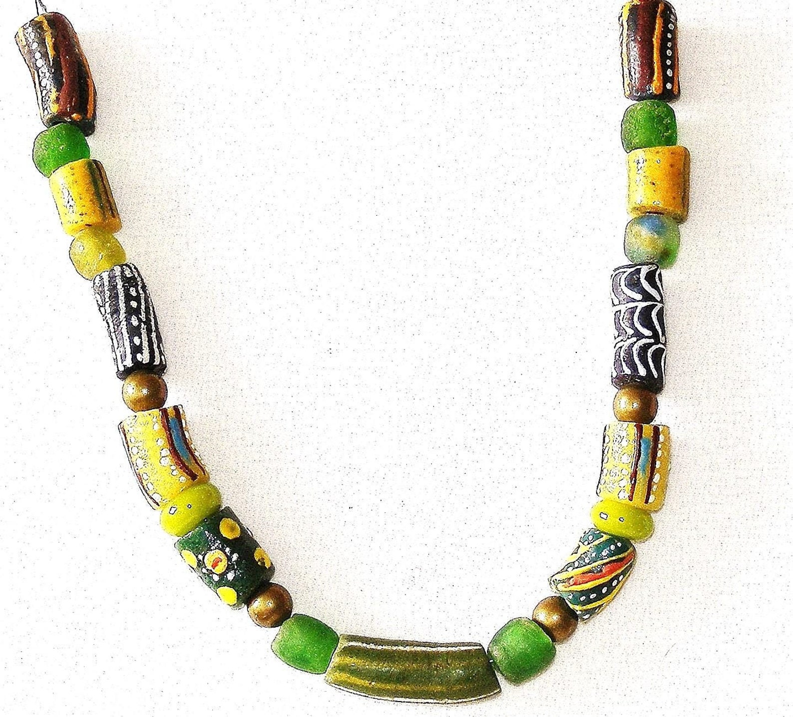 African Krobo Bead Necklace, Colorful, Ethnic, Brass, Ghana, Handmade ...