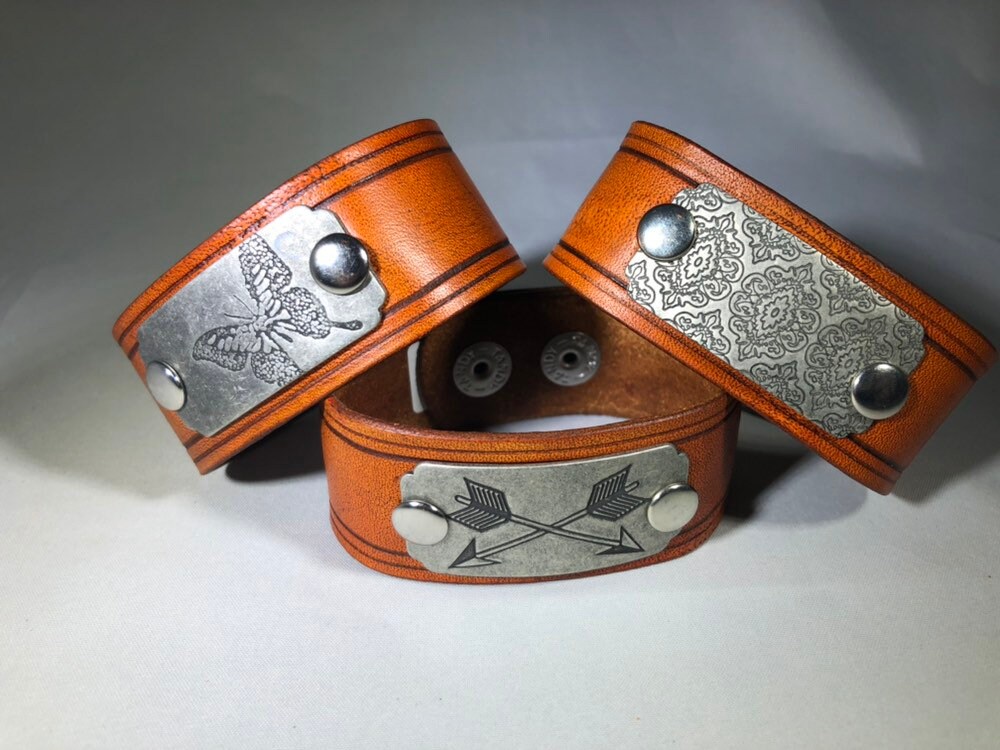 Large Saddle Tan Leather Wrist Cuffs Assorted Patterns - Etsy