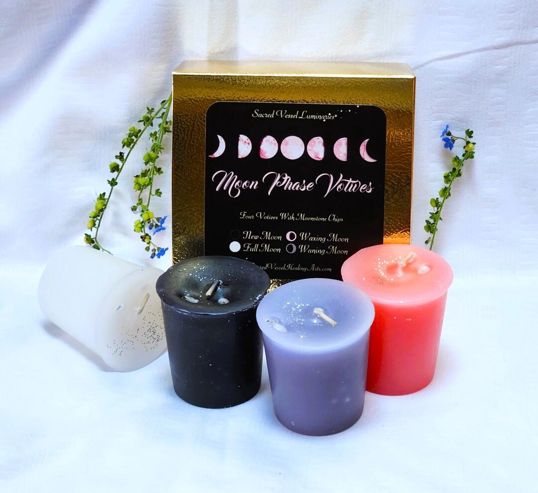 Moon Phase Candles Set Box of 4 Votives Moonstone Gems New Waxing Full ...