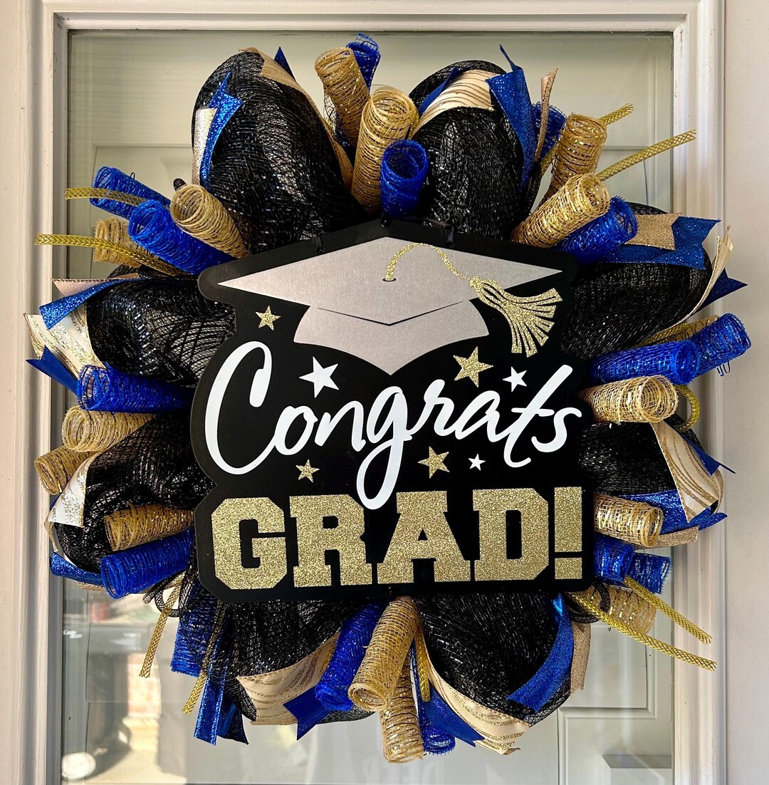 CONGRATS GRAD BLUE and Gold Graduation Wreath, Blue and Gold School ...