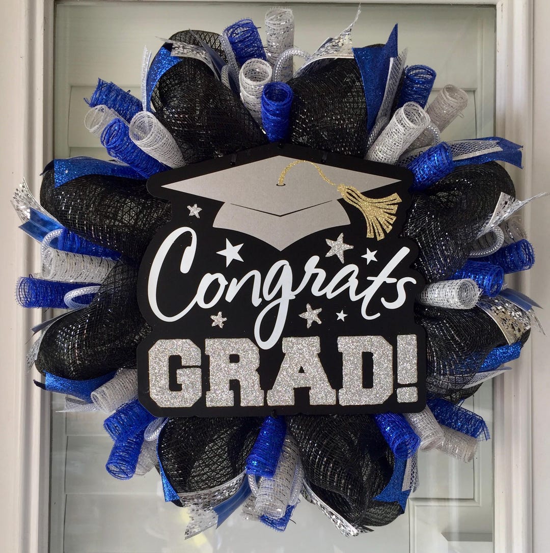 CONGRATS GRAD BLUE and Silver Graduation Wreath, Blue and Silver School ...