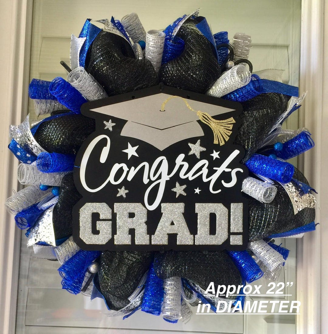 CONGRATS GRAD BLUE and Silver Graduation Wreath, Blue and Silver School ...