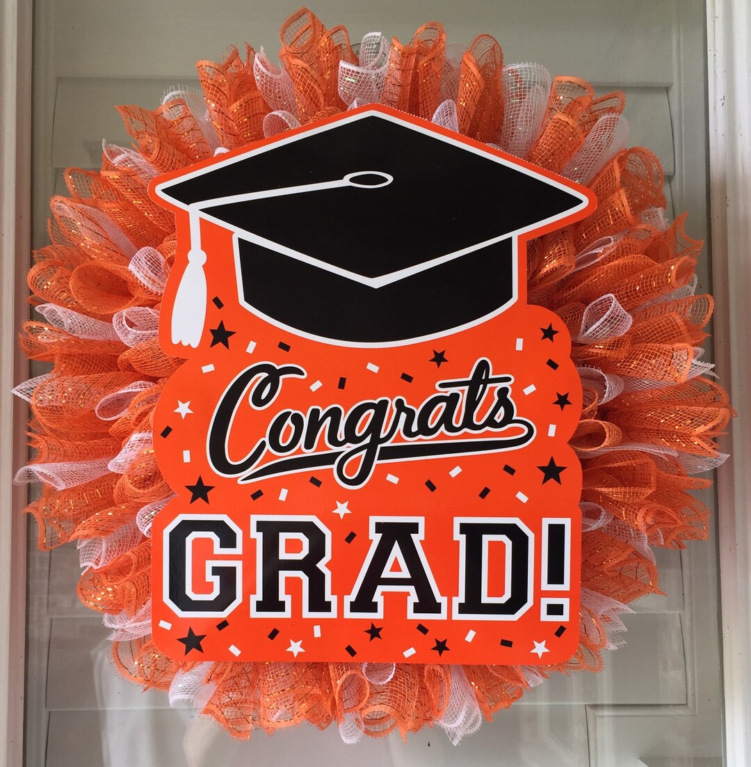 Slim ORANGE CONGRATS GRAD Graduation Wreath, With Black and White ...