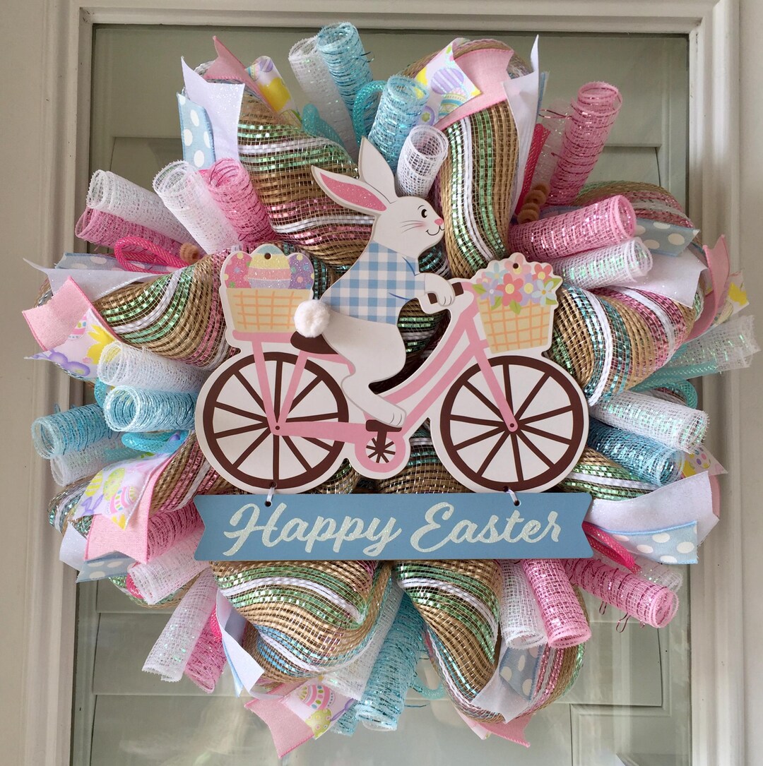 HAPPY EASTER BUNNY Riding a Bicycle Wreath, Boy Bunny Riding a Bike ...