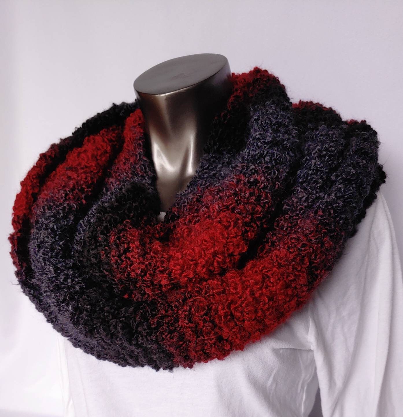 Chunky Soft Red Black Grey Stripe Hand Knit Infinity Scarf - Etsy