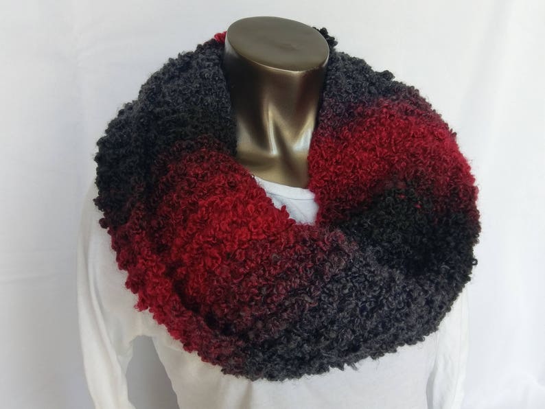 Chunky Soft Red Black Grey Stripe Hand Knit Infinity Scarf - Etsy