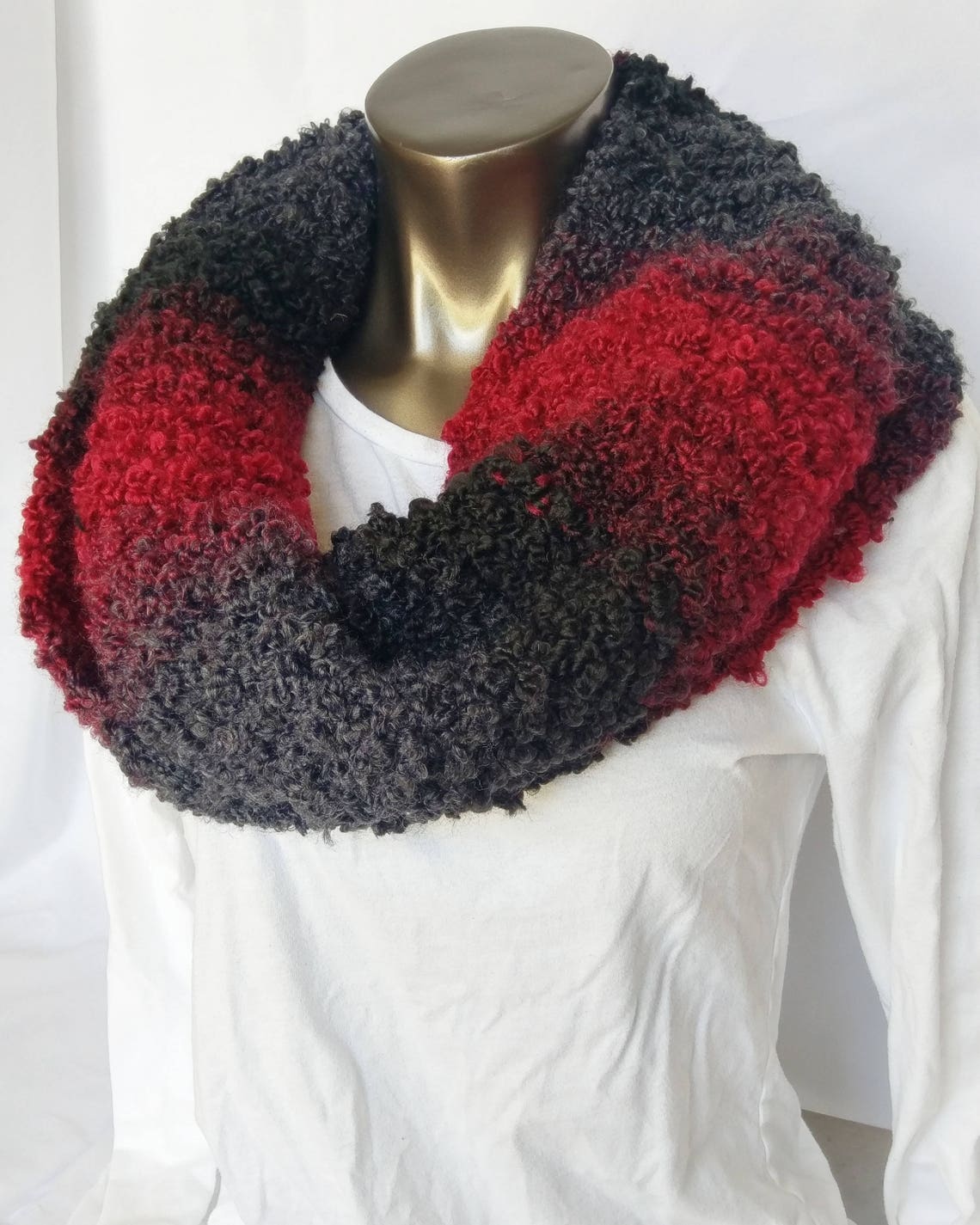Chunky Soft Red Black Grey Stripe Hand Knit Infinity Scarf - Etsy