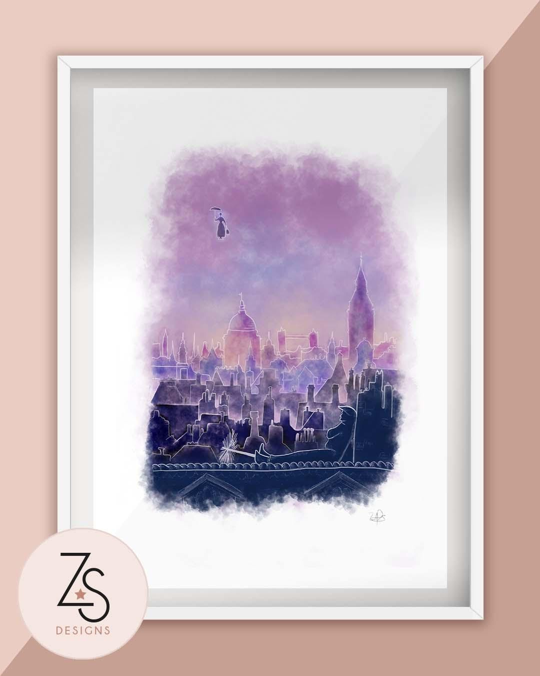 Mary Poppins Nanny Flying Over London Skyline Illustration Print ...