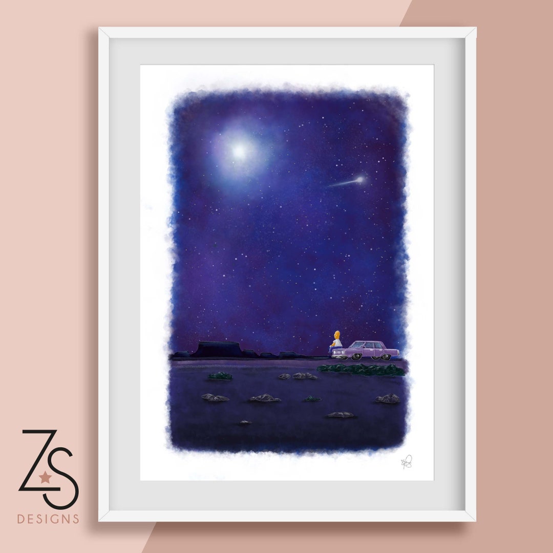 Homer Sat on Car Star Gazing Scene - Illustration Print - A5 A4 or A3 ...