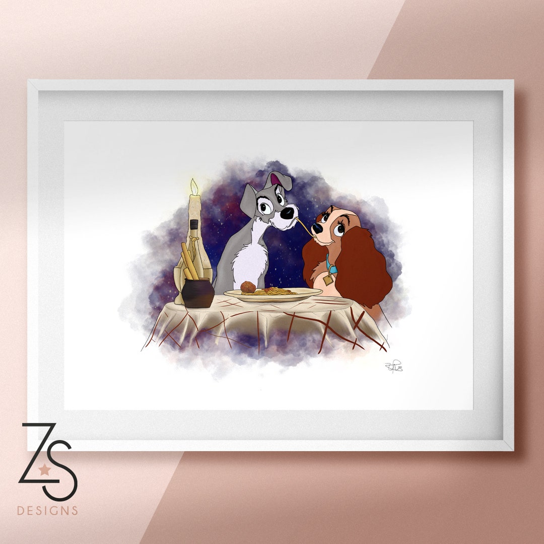Lady and the Tramp Dogs Romantic Dinner Scene Illustration Art Print - Etsy