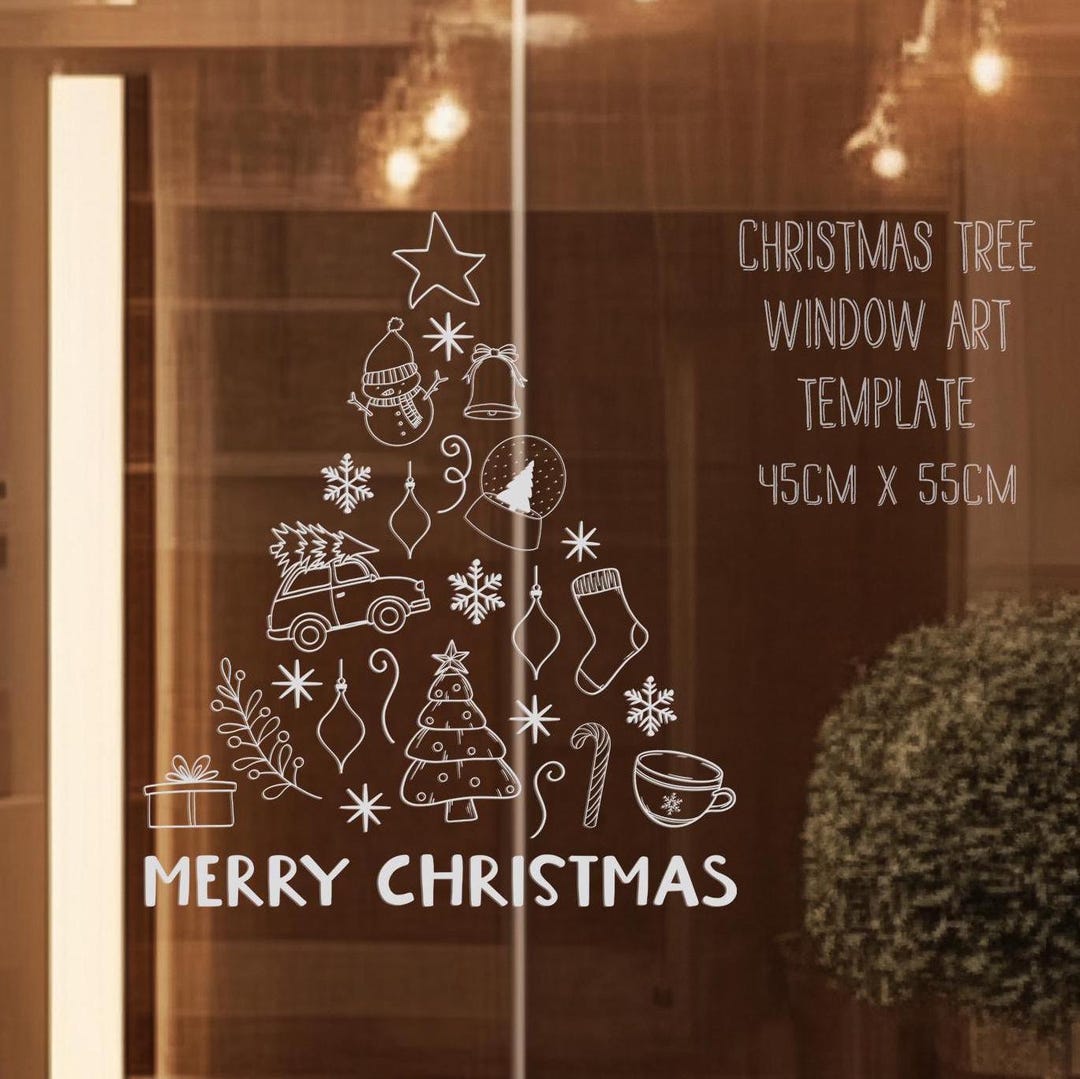 Christmas Tree Window Art | Merry Xmas Doodle | Holiday Window Stencil ...