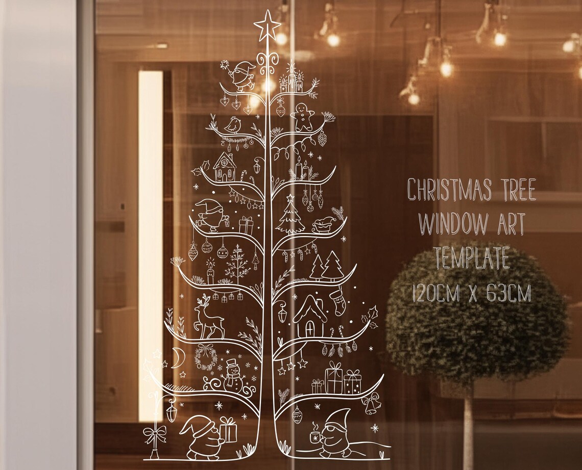 Christmas Tree Window Art Template | Christmas Gnomes Scene Stencil ...