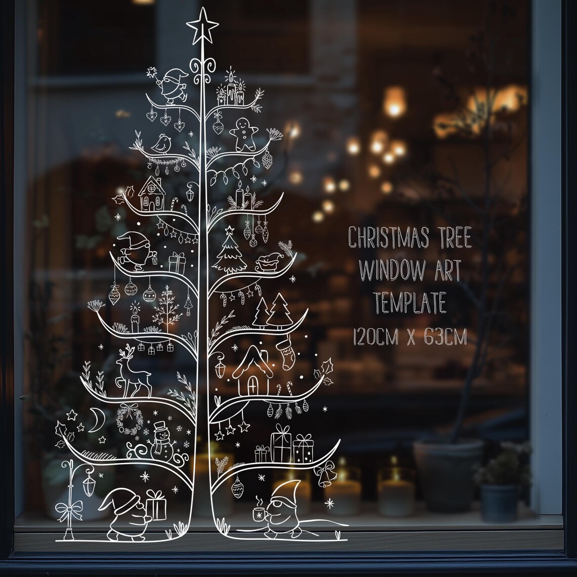 Christmas Tree Window Art Template | Christmas Gnomes Scene Stencil ...