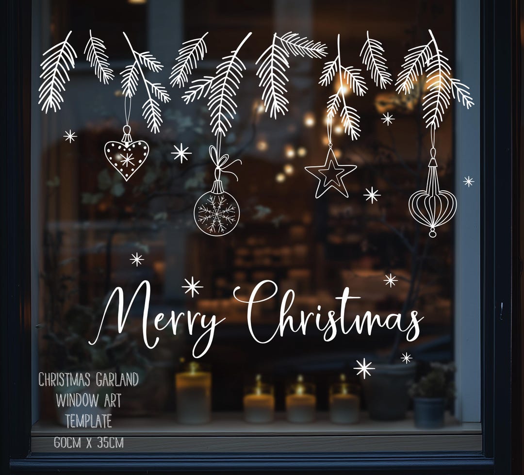 Christmas Garland Window Art Template: DIY Merry Christmas Scene (PDF ...