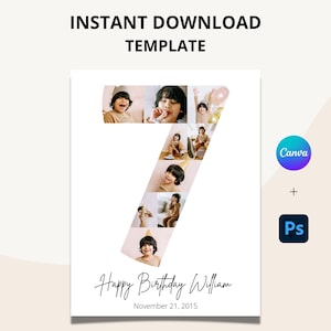 Seventh Birthday Photo Collage Template, 7th Birthday Printable for ...