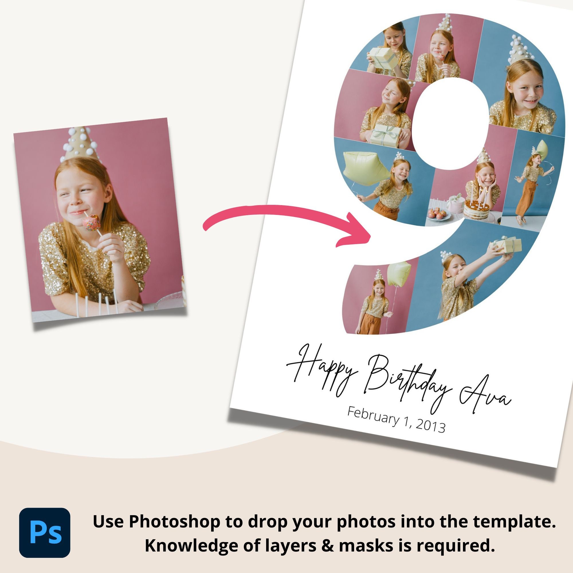 Ninth Birthday Photo Collage Template, 9th Birthday Printable for Kids ...