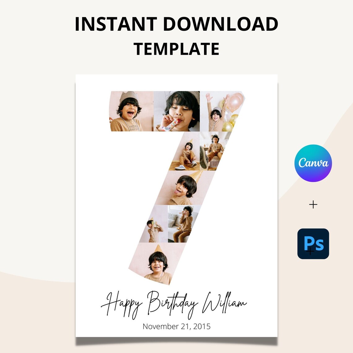 Seventh Birthday Photo Collage Template, 7th Birthday Printable for ...