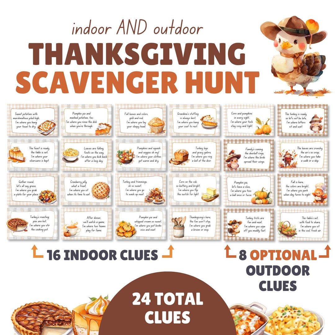 Indoor/outdoor Thanksgiving Scavenger Hunt for Kids - 24 Treasure Hunt ...