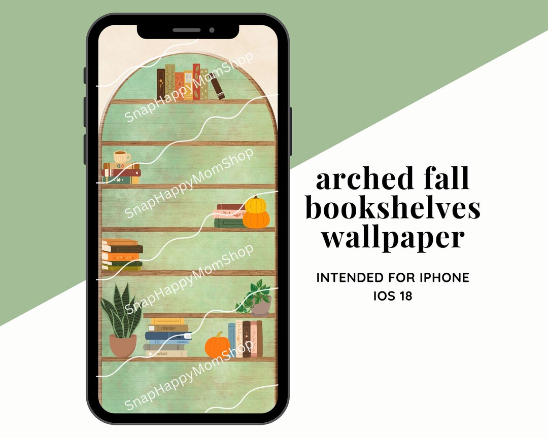 Arched Fall Bookcase Phone Wallpaper for iPhone Ios 18 - Autumn Empty ...