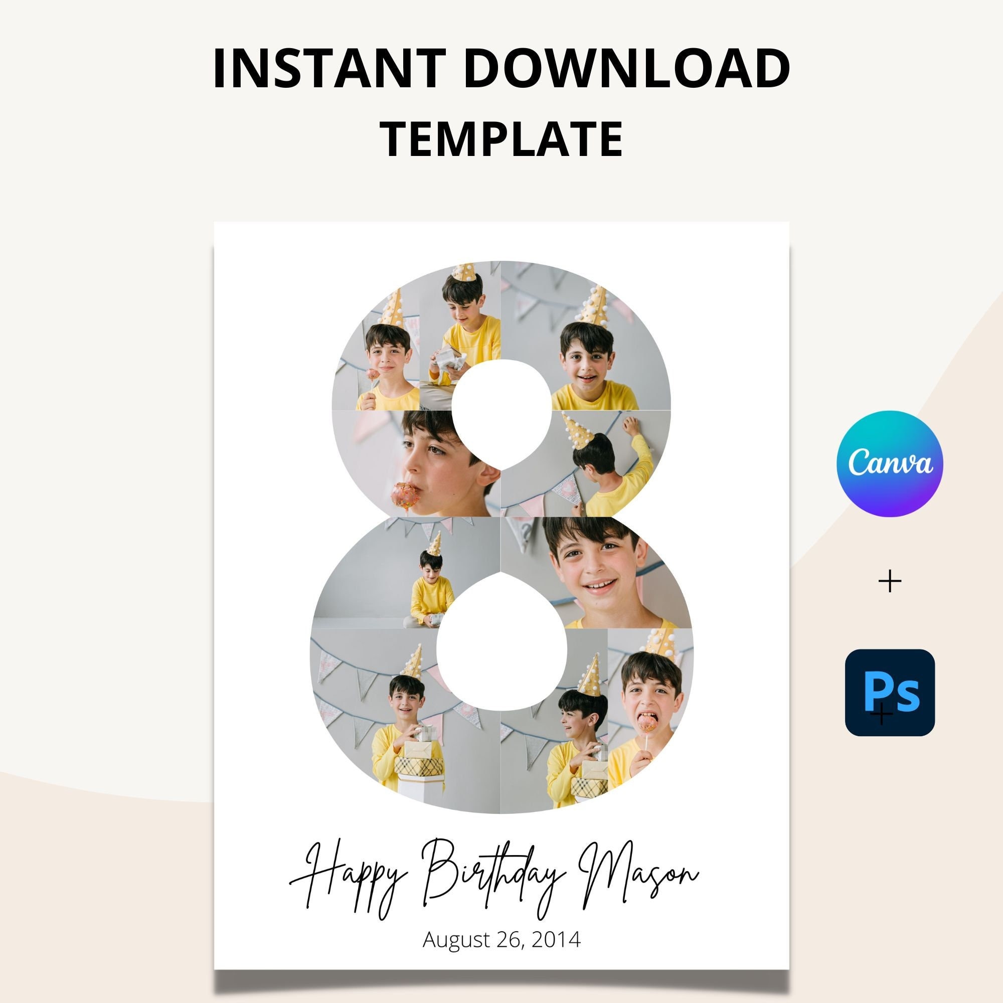 Eighth Birthday Photo Collage Template, 8th Birthday Printable for Kids ...