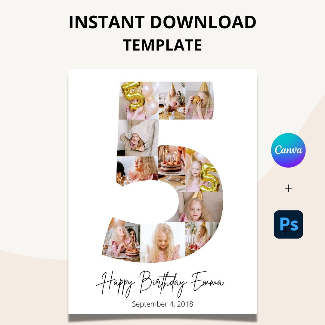 Fifth Birthday Photo Collage Template, 5th Birthday Printable for Kids ...